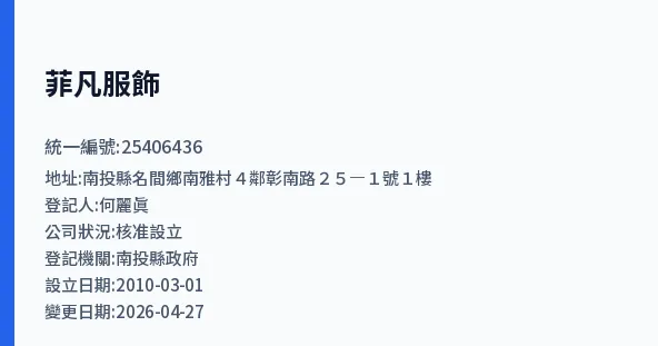 菲凡服飾的照片-統編 25406436(南投縣) 公司登記資料與營業項目詳細圖表