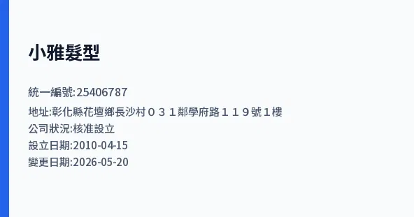 小雅髮型的照片-統編 25406787(彰化縣) 公司登記資料與營業項目詳細圖表