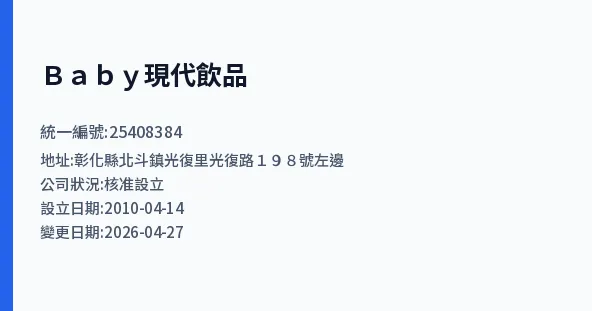 Baby現代飲品的照片-統編 25408384(彰化縣) 公司登記資料與營業項目詳細圖表