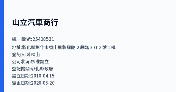 山立汽車商行的照片-統編 25408531(彰化縣) 公司登記資料與營業項目詳細圖表