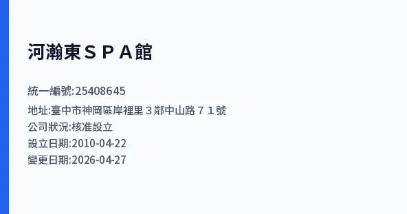 河瀚東SPA館的照片-統編 25408645(臺中市) 公司登記資料與營業項目詳細圖表