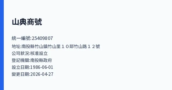 山典商號的照片-統編 25409807(南投縣) 公司登記資料與營業項目詳細圖表