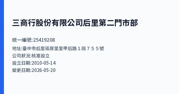 三商行股份有限公司后里第二門市部的照片-統編 25419208(臺中市) 公司登記資料與營業項目詳細圖表