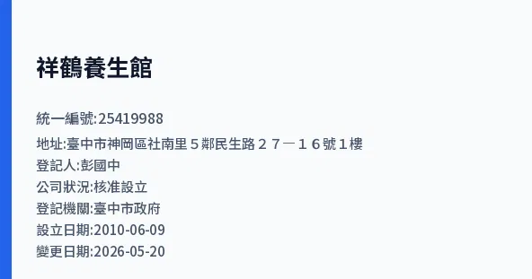 祥鶴養生館的照片-統編 25419988(臺中市) 公司登記資料與營業項目詳細圖表
