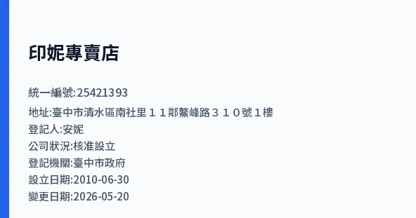 印妮專賣店的照片-統編 25421393(臺中市) 公司登記資料與營業項目詳細圖表
