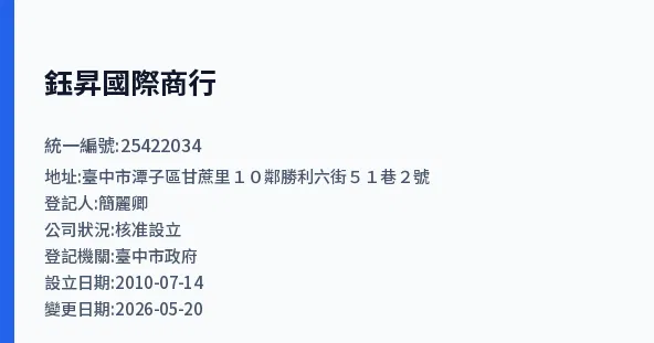 鈺昇國際商行的照片-統編 25422034(臺中市) 公司登記資料與營業項目詳細圖表