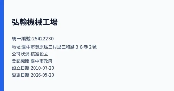 弘翰機械工場的照片-統編 25422230(臺中市) 公司登記資料與營業項目詳細圖表