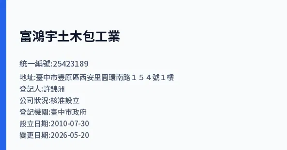 富鴻宇土木包工業的照片-統編 25423189(臺中市) 公司登記資料與營業項目詳細圖表