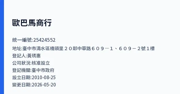 歐巴馬商行的照片-統編 25424552(臺中市) 公司登記資料與營業項目詳細圖表