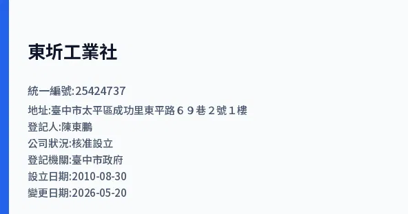 東圻工業社的照片-統編 25424737(臺中市) 公司登記資料與營業項目詳細圖表