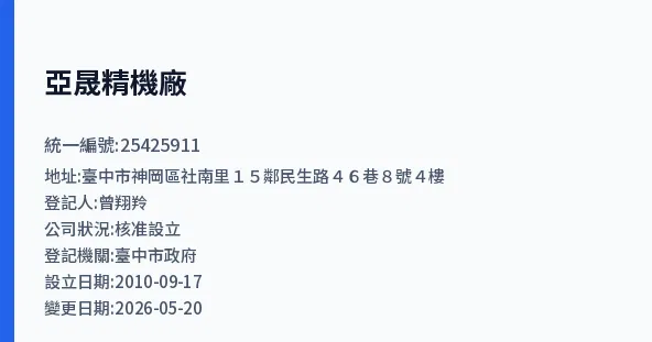 亞晟精機廠的照片-統編 25425911(臺中市) 公司登記資料與營業項目詳細圖表