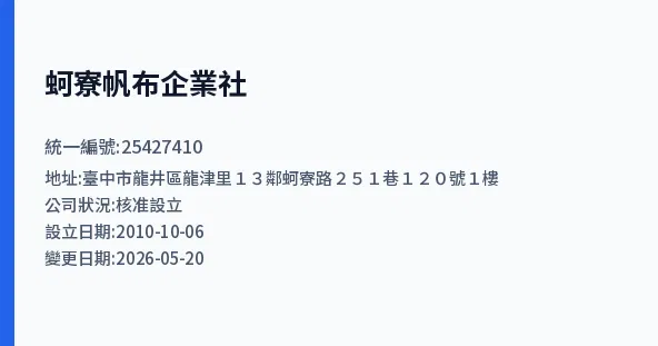 蚵寮帆布企業社的照片-統編 25427410(臺中市) 公司登記資料與營業項目詳細圖表