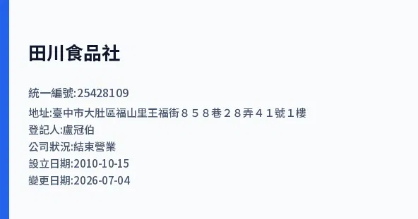 田川食品社的照片-統編 25428109(臺中市) 公司登記資料與營業項目詳細圖表
