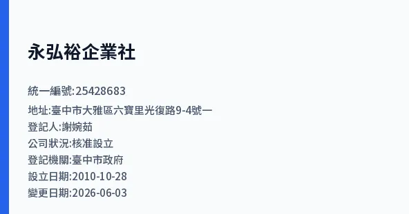 永弘裕企業社的照片-統編 25428683(臺中市) 公司登記資料與營業項目詳細圖表
