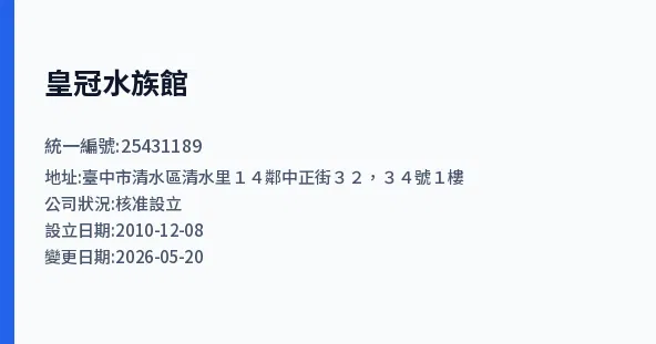 皇冠水族館的照片-統編 25431189(臺中市) 公司登記資料與營業項目詳細圖表