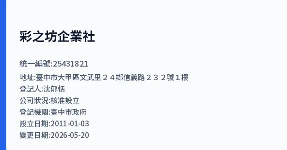 彩之坊企業社的照片-統編 25431821(臺中市) 公司登記資料與營業項目詳細圖表
