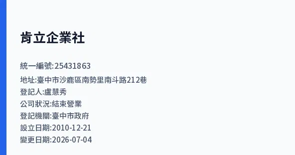 肯立企業社的照片-統編 25431863(臺中市) 公司登記資料與營業項目詳細圖表