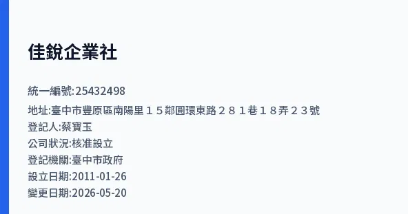 佳銳企業社的照片-統編 25432498(臺中市) 公司登記資料與營業項目詳細圖表
