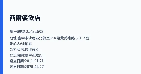 西爾餐飲店的照片-統編 25432602(臺中市) 公司登記資料與營業項目詳細圖表