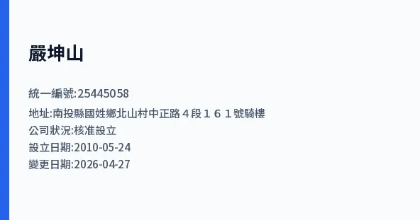 嚴坤山的照片-統編 25445058(南投縣) 公司登記資料與營業項目詳細圖表