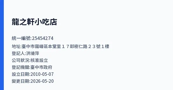 龍之軒小吃店的照片-統編 25454274(臺中市) 公司登記資料與營業項目詳細圖表