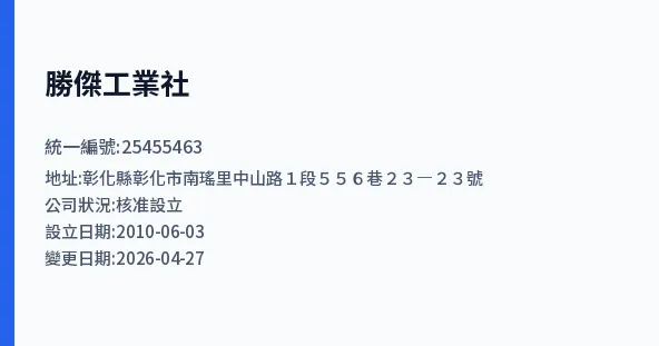 勝傑工業社的照片-統編 25455463(彰化縣) 公司登記資料與營業項目詳細圖表