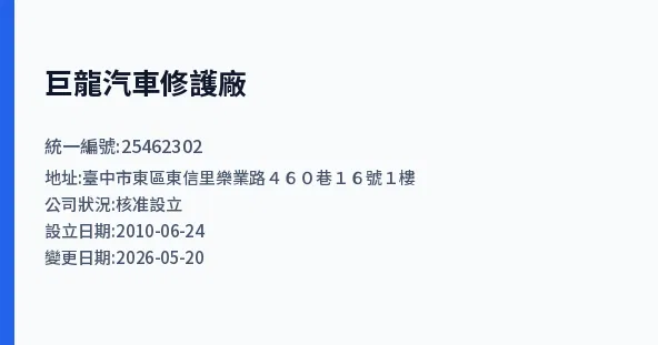 巨龍汽車修護廠的照片-統編 25462302(臺中市) 公司登記資料與營業項目詳細圖表