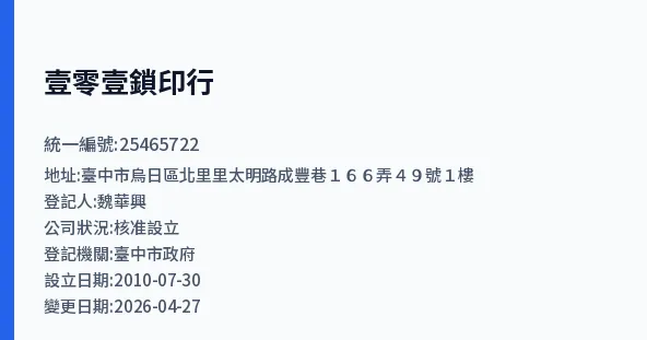 壹零壹鎖印行的照片-統編 25465722(臺中市) 公司登記資料與營業項目詳細圖表