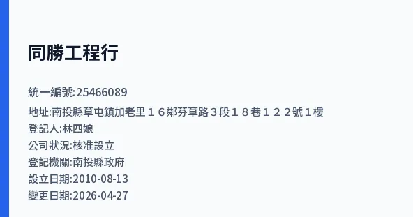 同勝工程行的照片-統編 25466089(南投縣) 公司登記資料與營業項目詳細圖表