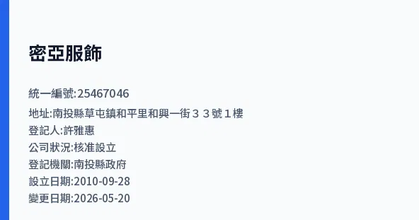 密亞服飾的照片-統編 25467046(南投縣) 公司登記資料與營業項目詳細圖表