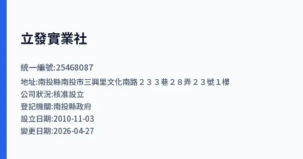 立發實業社的照片-統編 25468087(南投縣) 公司登記資料與營業項目詳細圖表