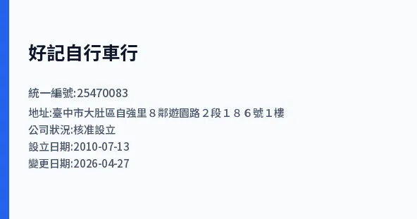 好記自行車行的照片-統編 25470083(臺中市) 公司登記資料與營業項目詳細圖表