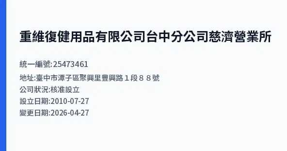 重維復健用品有限公司台中分公司慈濟營業所的照片-統編 25473461(臺中市) 公司登記資料與營業項目詳細圖表