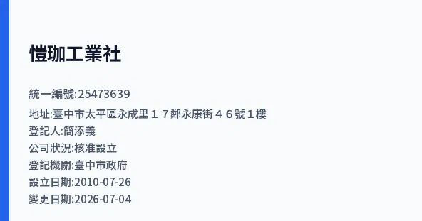 愷珈工業社的照片-統編 25473639(臺中市) 公司登記資料與營業項目詳細圖表