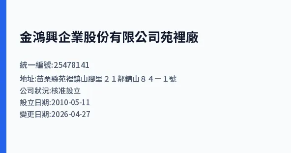 金鴻興企業股份有限公司苑裡廠的照片-統編 25478141(苗栗縣) 公司登記資料與營業項目詳細圖表
