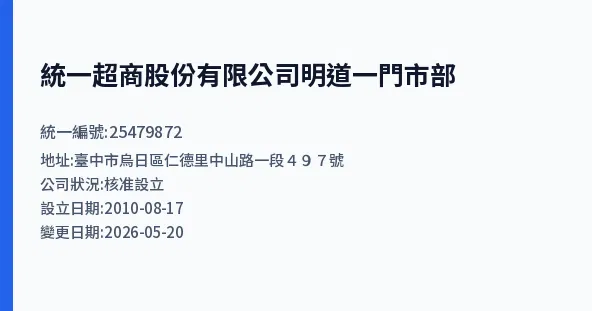 統一超商股份有限公司明道一門市部的照片-統編 25479872(臺中市) 公司登記資料與營業項目詳細圖表