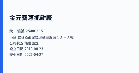 金元寶蔥抓餅廠的照片-統編 25480385(雲林縣) 公司登記資料與營業項目詳細圖表