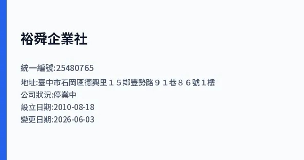 裕舜企業社的照片-統編 25480765(臺中市) 公司登記資料與營業項目詳細圖表