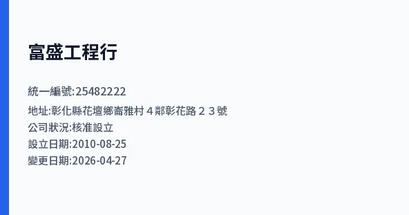 富盛工程行的照片-統編 25482222(彰化縣) 公司登記資料與營業項目詳細圖表