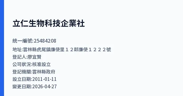 立仁生物科技企業社的照片-統編 25484208(雲林縣) 公司登記資料與營業項目詳細圖表