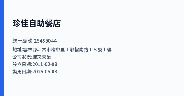 珍佳自助餐店的照片-統編 25485044(雲林縣) 公司登記資料與營業項目詳細圖表