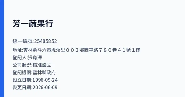 芳一蔬果行的照片-統編 25485852(雲林縣) 公司登記資料與營業項目詳細圖表