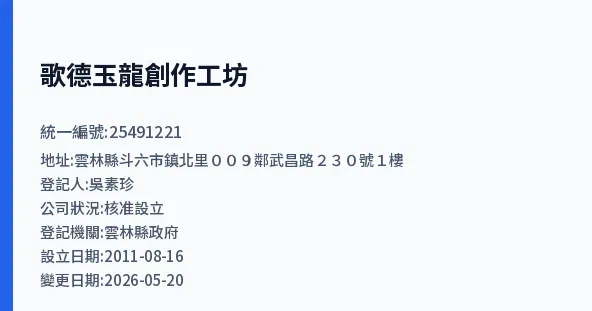 歌德玉龍創作工坊的照片-統編 25491221(雲林縣) 公司登記資料與營業項目詳細圖表