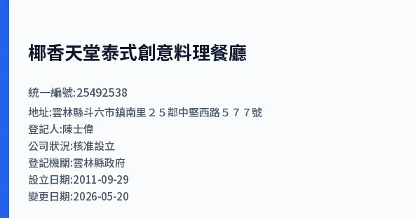 椰香天堂泰式創意料理餐廳的照片-統編 25492538(雲林縣) 公司登記資料與營業項目詳細圖表