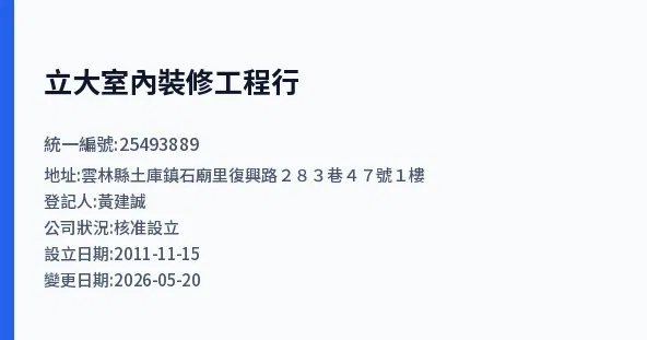 立大室內裝修工程行的照片-統編 25493889(雲林縣) 公司登記資料與營業項目詳細圖表