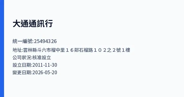 大通通訊行的照片-統編 25494326(雲林縣) 公司登記資料與營業項目詳細圖表