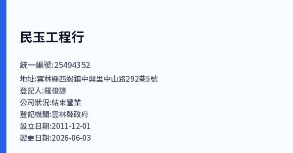 民玉工程行的照片-統編 25494352(雲林縣) 公司登記資料與營業項目詳細圖表