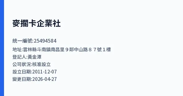 麥擱卡企業社的照片-統編 25494584(雲林縣) 公司登記資料與營業項目詳細圖表