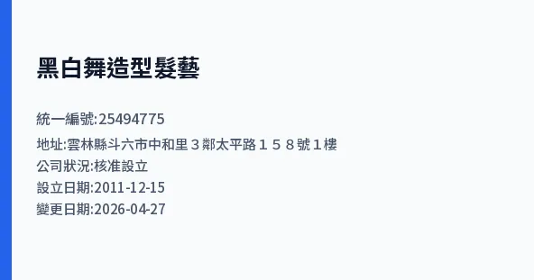 黑白舞造型髮藝的照片-統編 25494775(雲林縣) 公司登記資料與營業項目詳細圖表