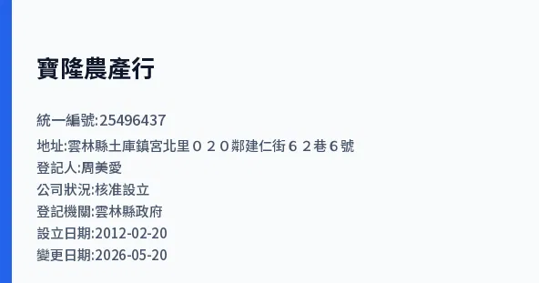 寶隆農產行的照片-統編 25496437(雲林縣) 公司登記資料與營業項目詳細圖表
